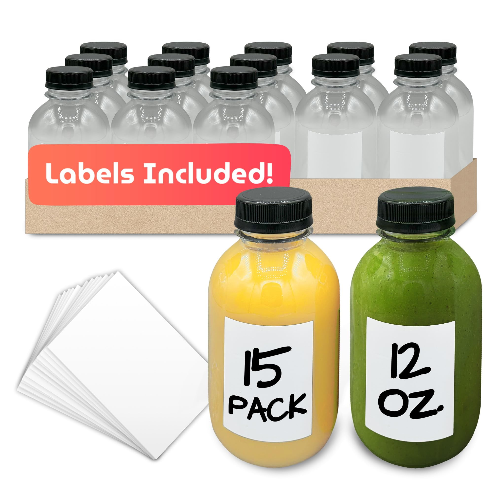 Plastic Juice Bottles [15 Pack] [12 oz] Round Plastic Juice Bottles ...