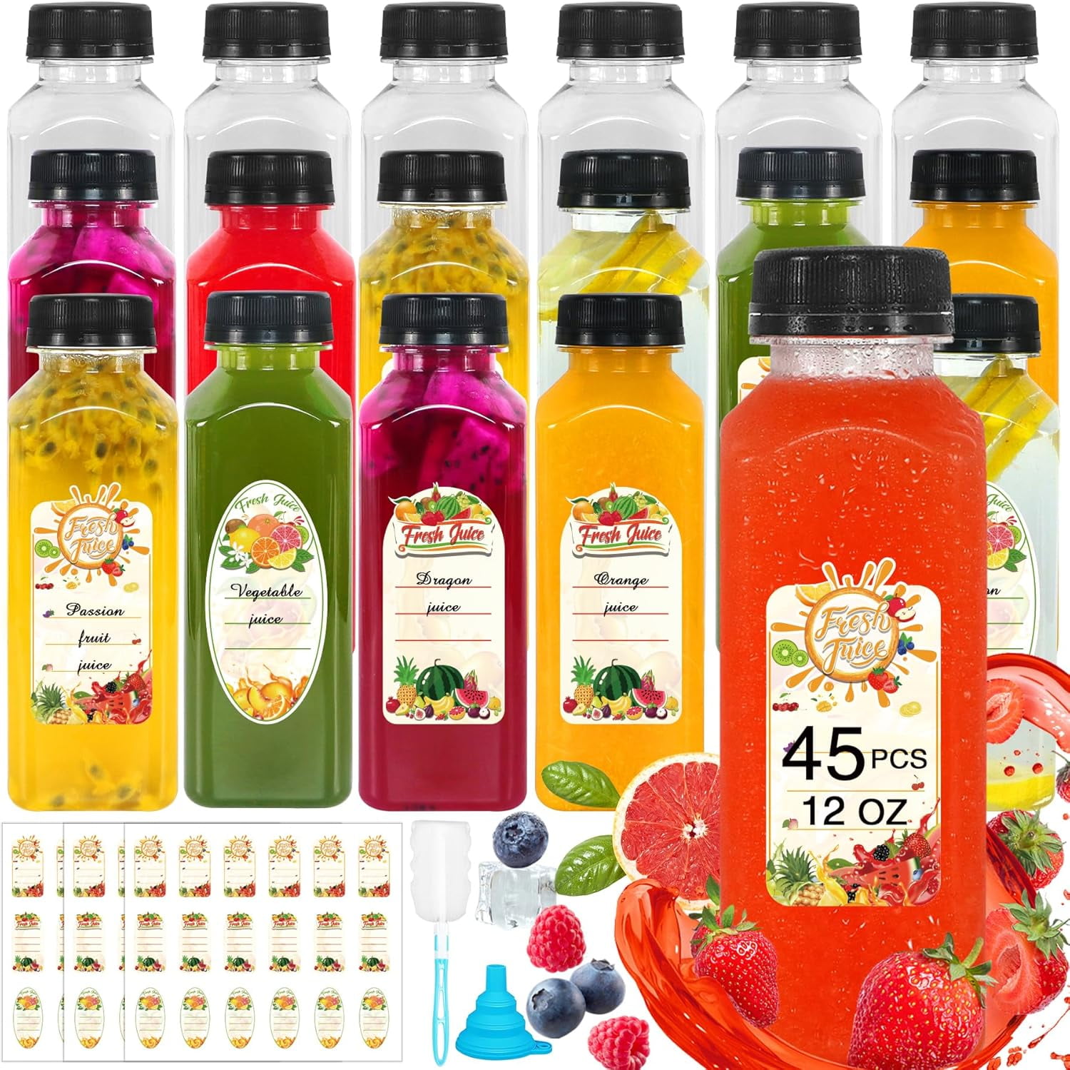 Plastic Juice Bottles with Caps 12 OZ, 45 Pcs Juice Bottles Clear Empty ...