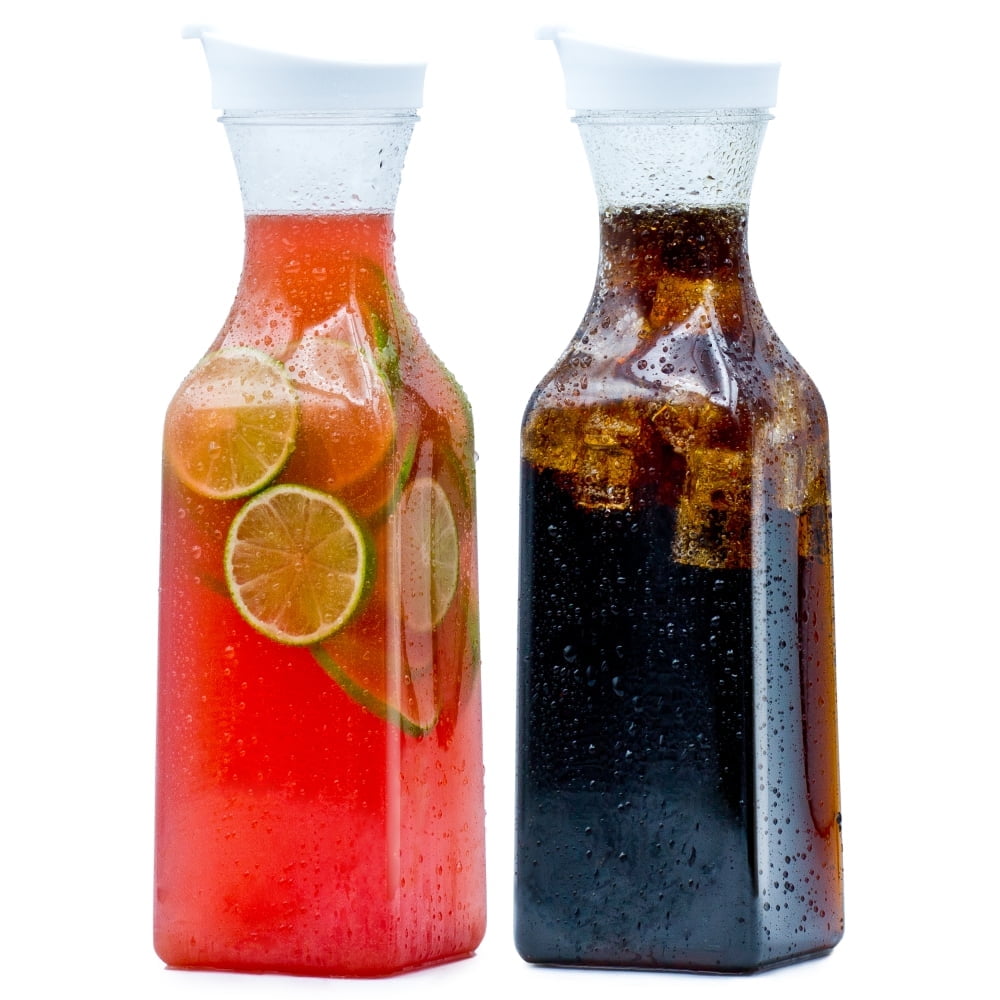 Plastic Juice Carafe with Lids (Set of 2) 50 oz Carafes for Mimosa Bar, Drink Pitcher with Lid ...