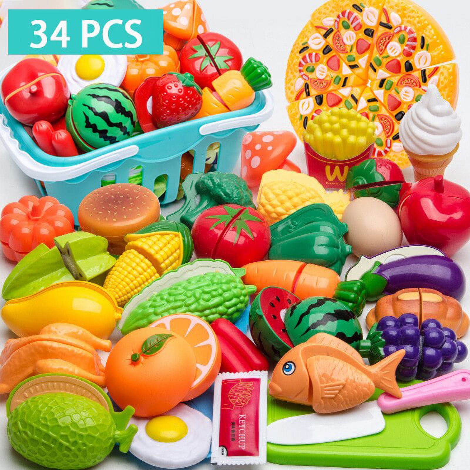 Plastic Kitchen Toy Shopping Cart Set Cut Fruit and Vegetable Food Play ...
