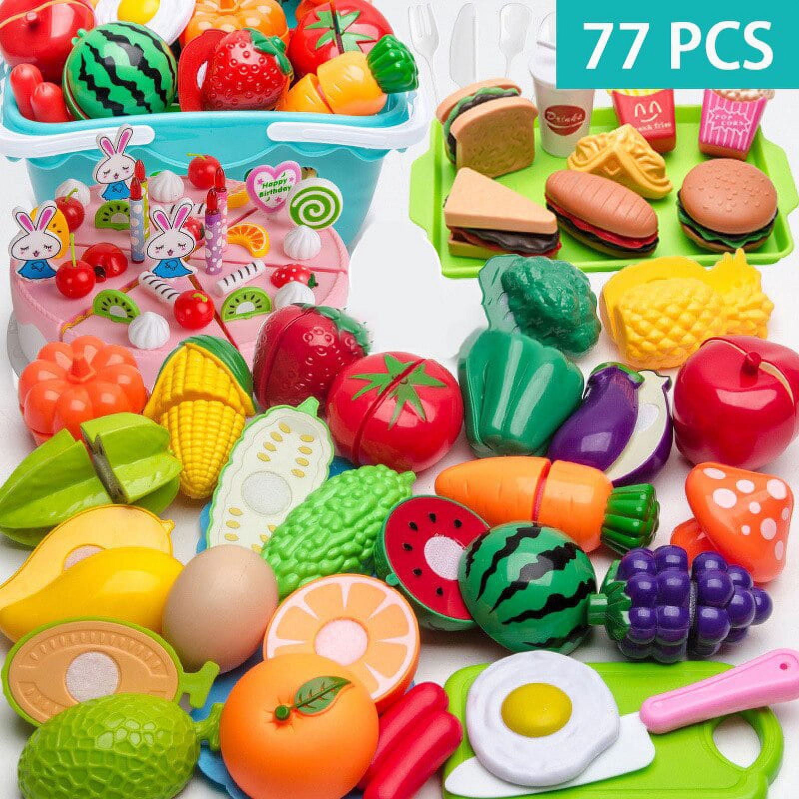 Plastic Kitchen Toy Shopping Cart Set Cut Fruit and Vegetable Food Play ...