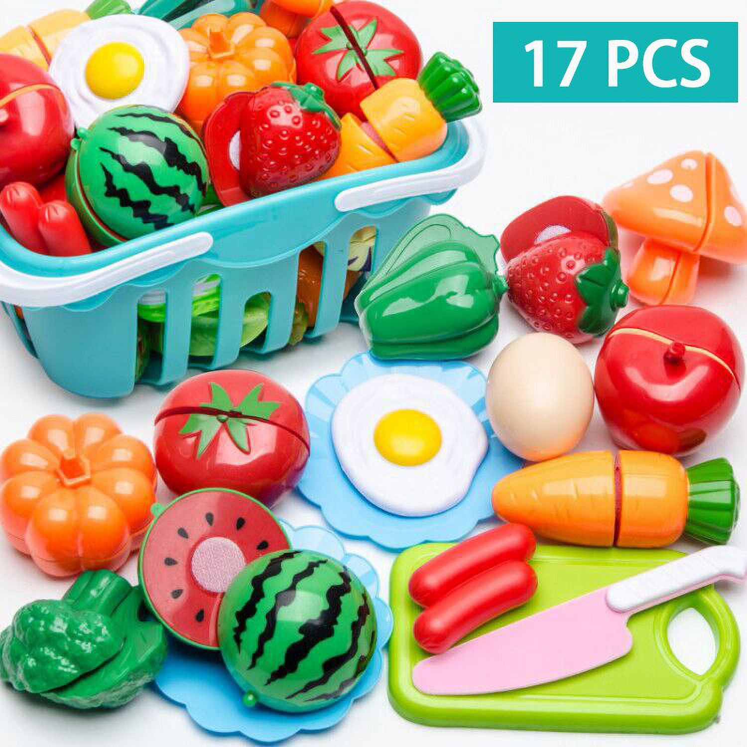 Plastic Kitchen Toy Shopping Cart Set Cut Fruit and Vegetable Food Play ...
