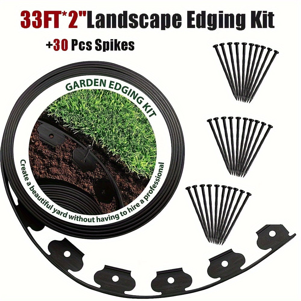 Plastic Landscape Edging Kit - 33FT Flexible Garden Border with 30 Anchoring Spikes, Durable No ...