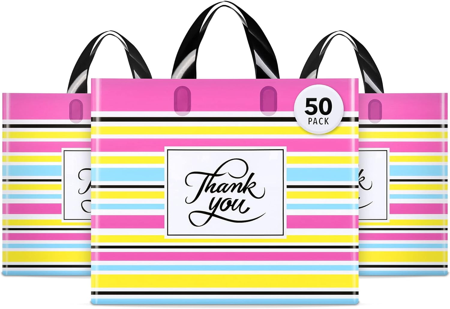 Plastic Merchandise Bags w/ Handles, Colorful Stripes 15x12 inch Thank ...