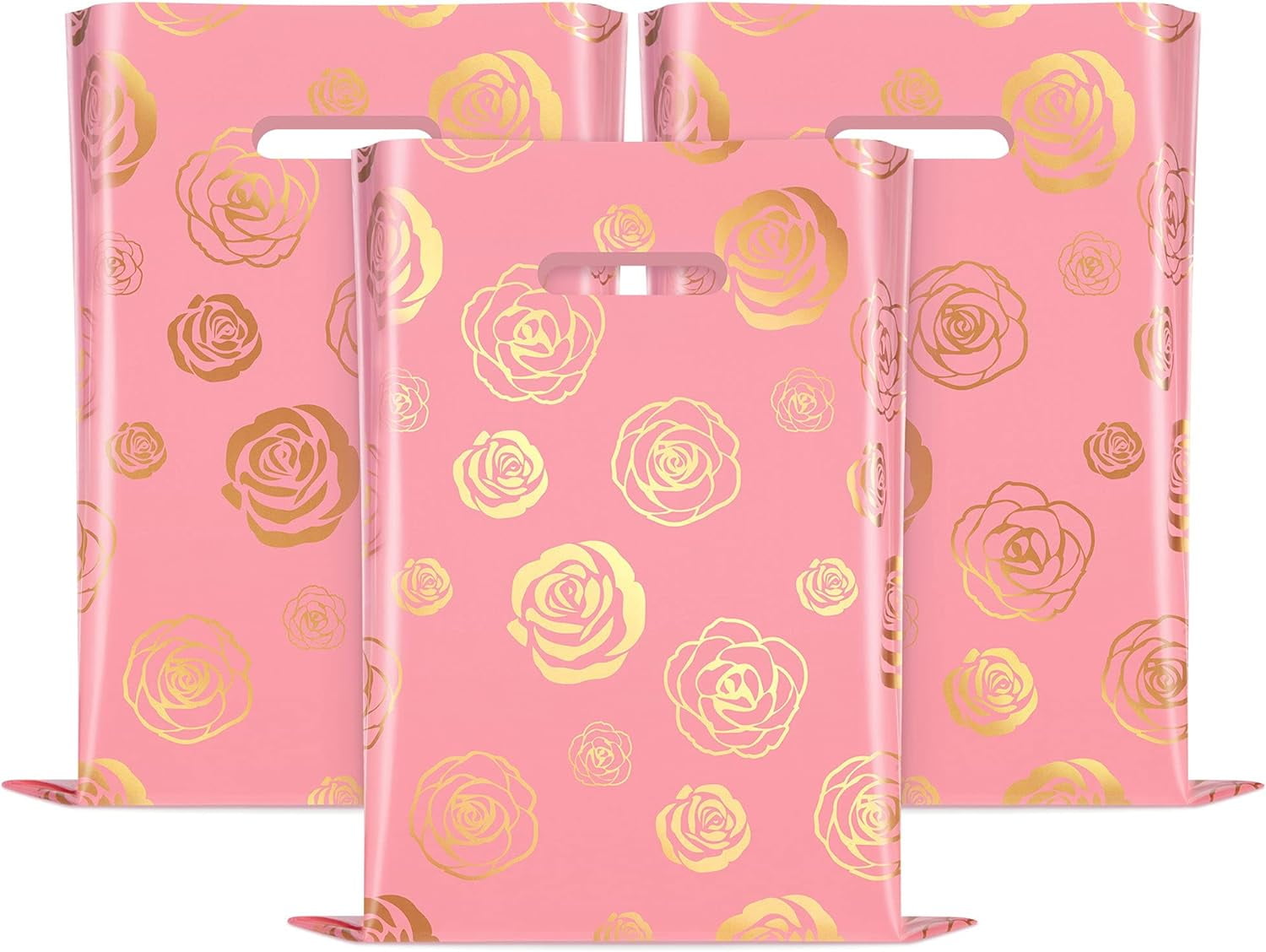 Plastic Merchandise Bags w/ Handles, Pink w/ Gold Roses 12x15 inch ...