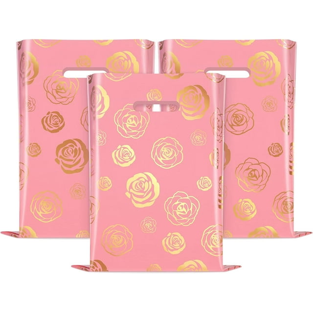 Plastic Merchandise Bags w/ Handles, Pink w/ Gold Roses 12x15 inch ...