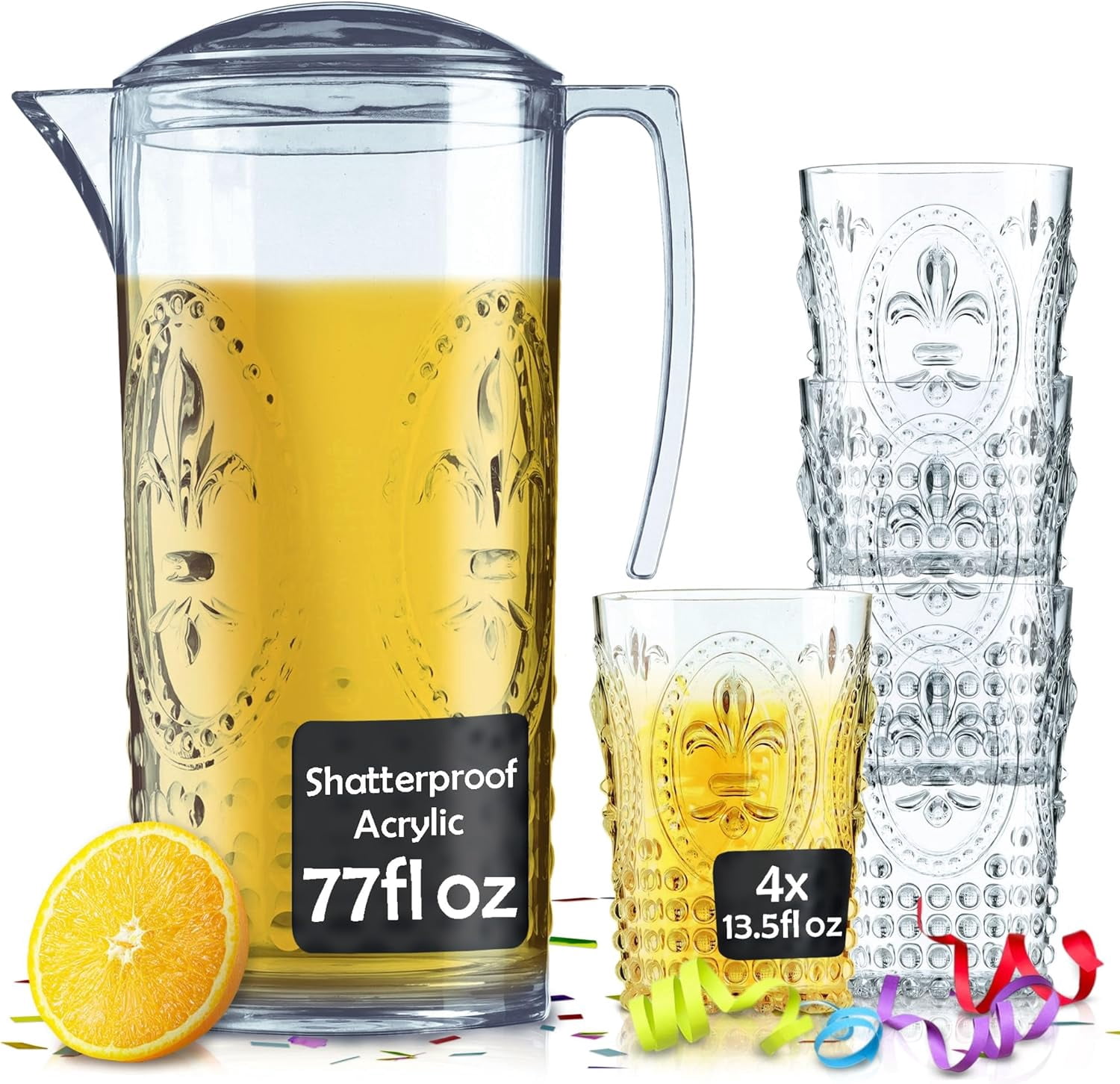Plastic Pitcher and Glasses Set with Lid BPA Free Large Acrylic Jug Set ...