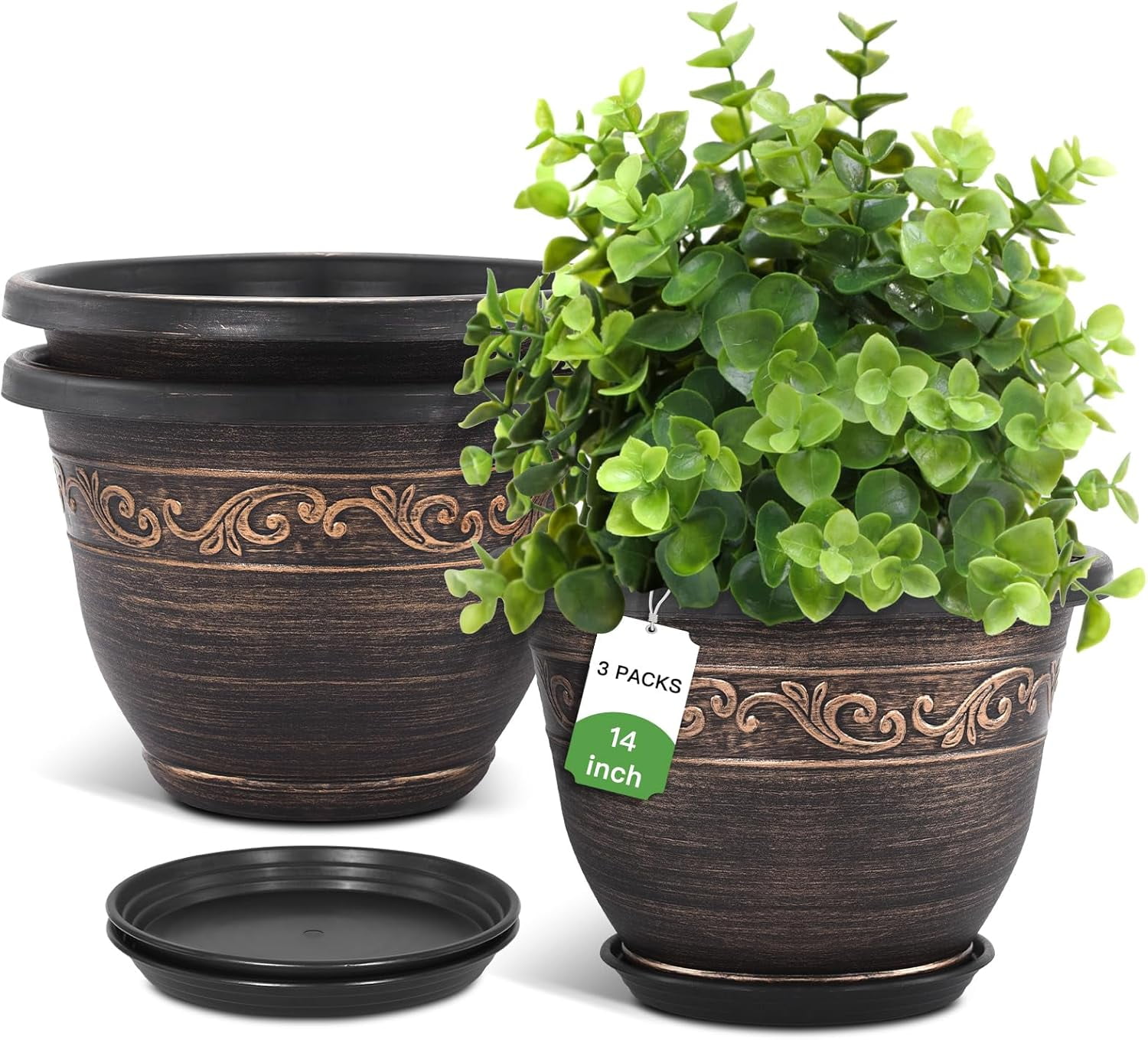 Plastic-Plant-Flower-Planters-16 Inch with Drainage Hole & Saucer, 3 ...