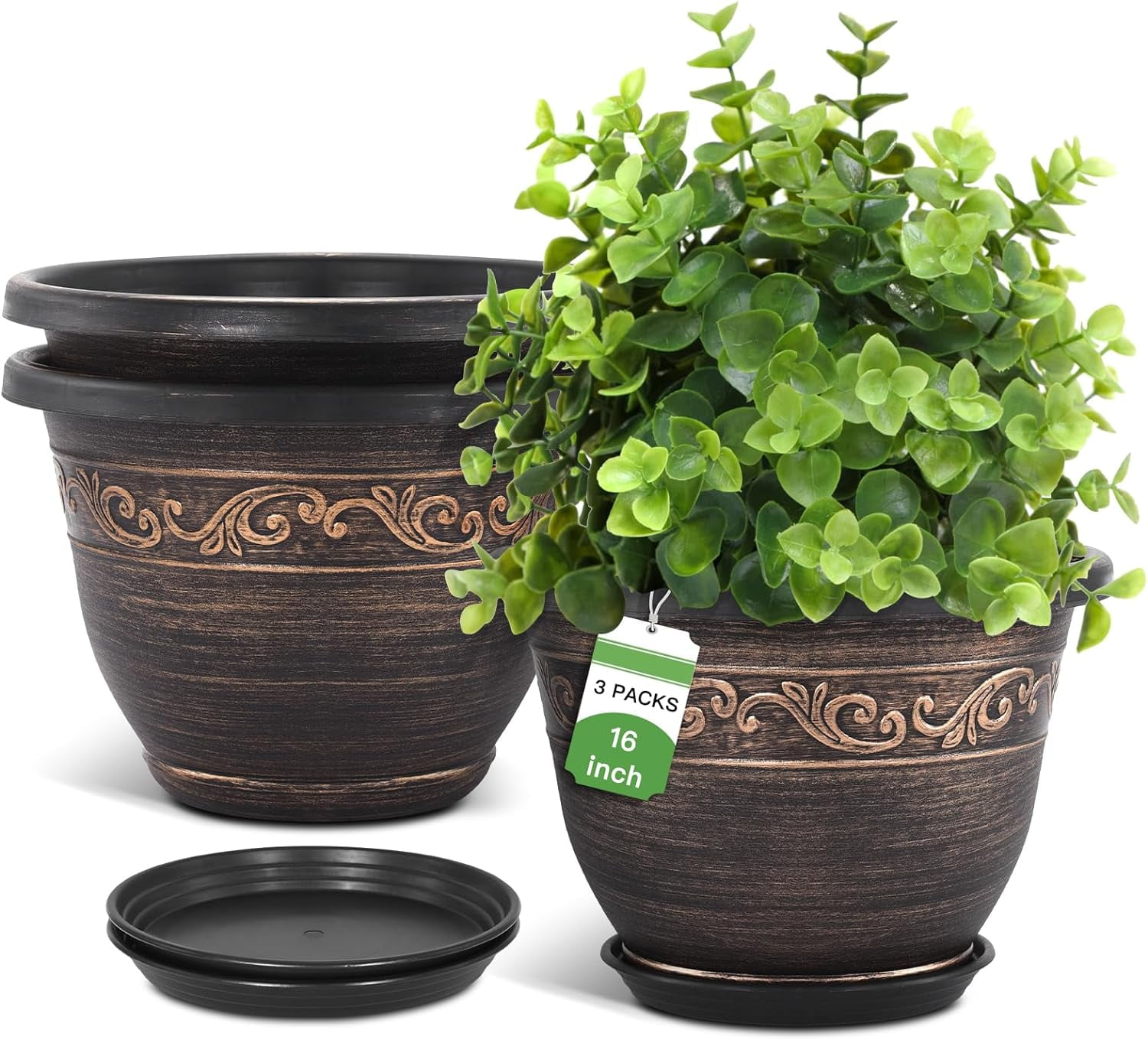 Plastic-Plant-Flower-Planters-16 Inch with Drainage Hole & Saucer, 3 ...