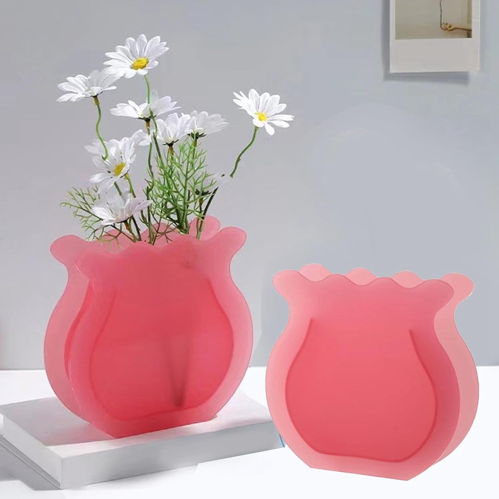 Plastic-Plant-Flower-Planters with Wood Planter Holder, Beige and White ...