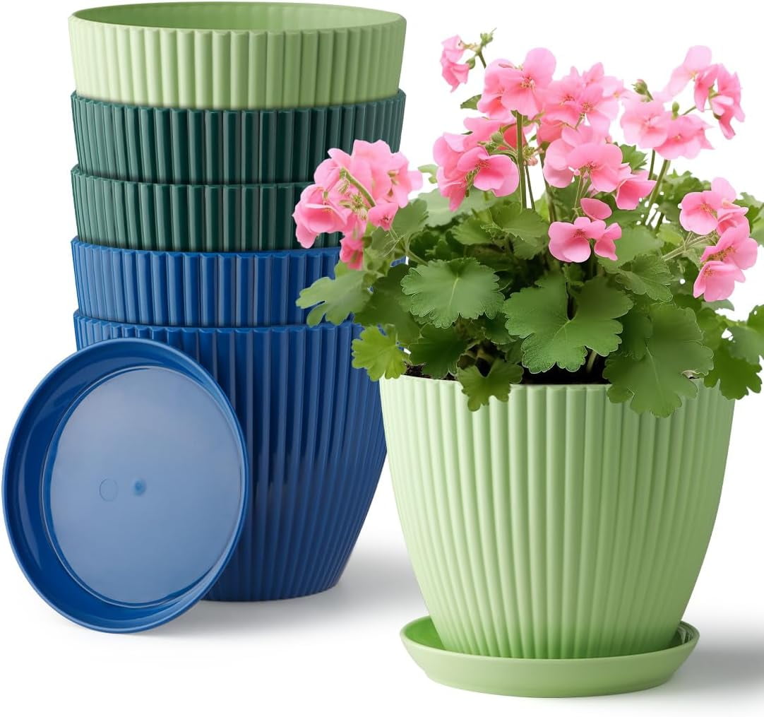 Plastic Plant Pots, 6 Pack 7.5 Inch Flower Pots with Drainage Holes and ...