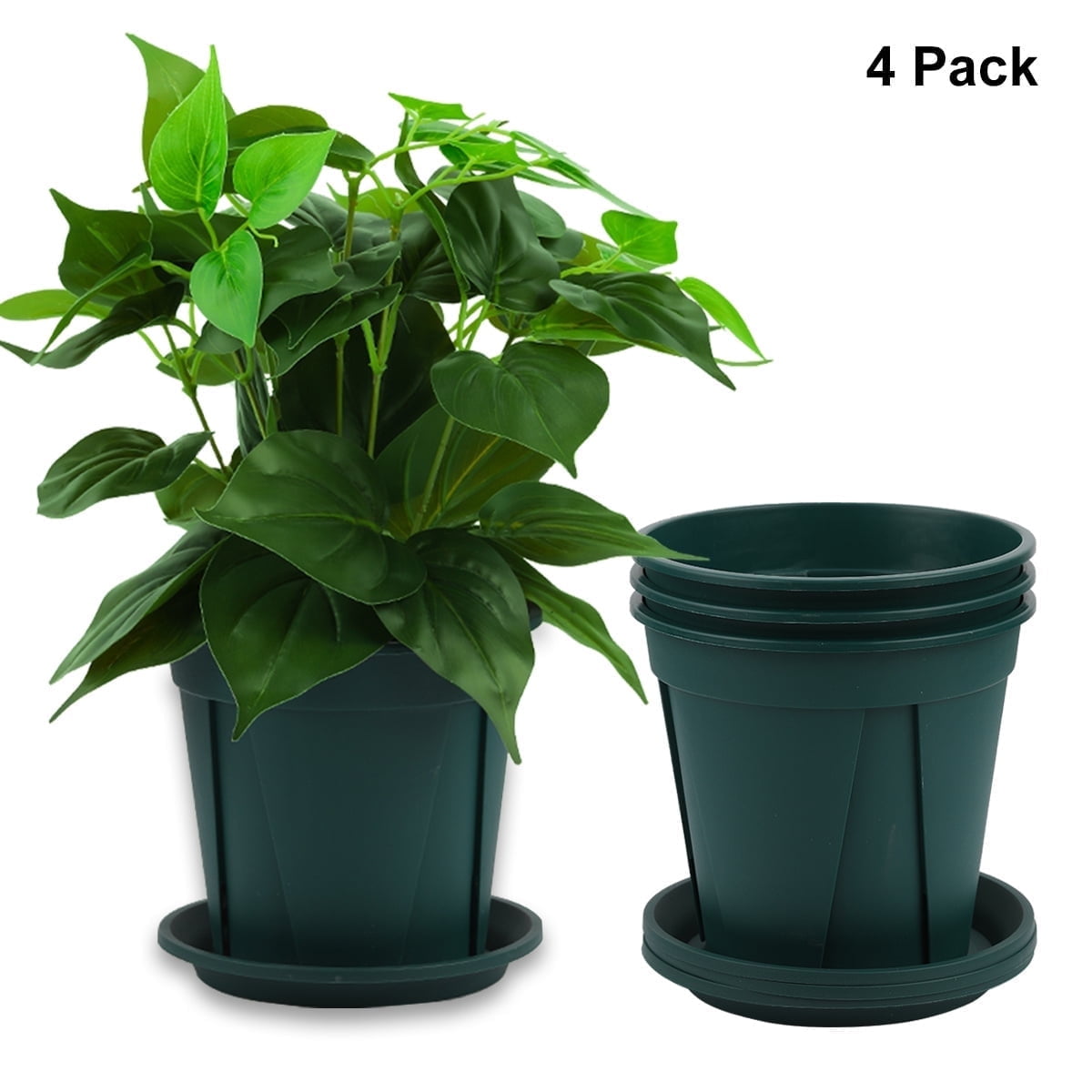 Set of 4 Green Plastic Plant Pots, 6 inch with Drainage Hole & Tray for ...