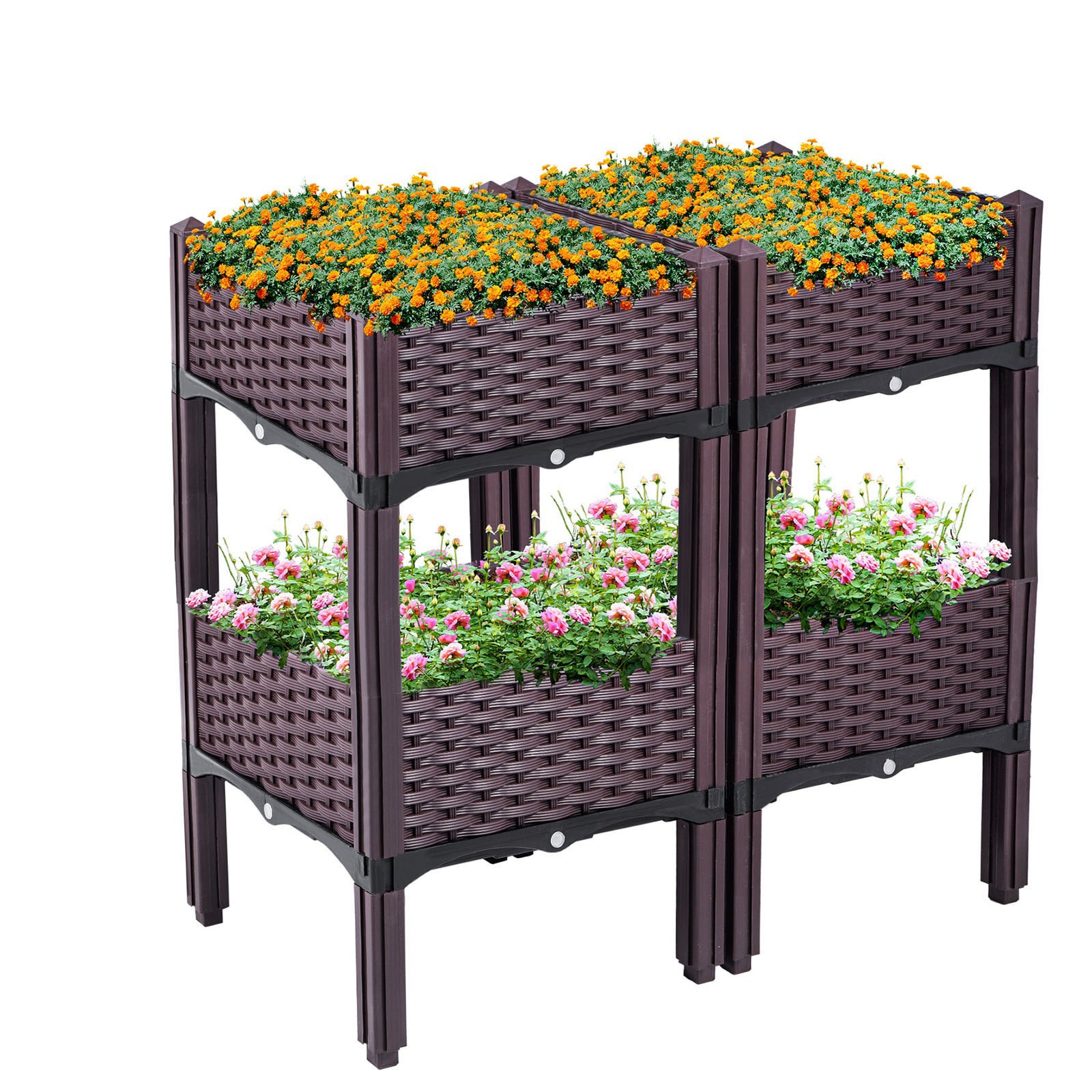 Plastic Raised Garden Bed 15.7 In Flower Box Kit Brown Rattan Style ...