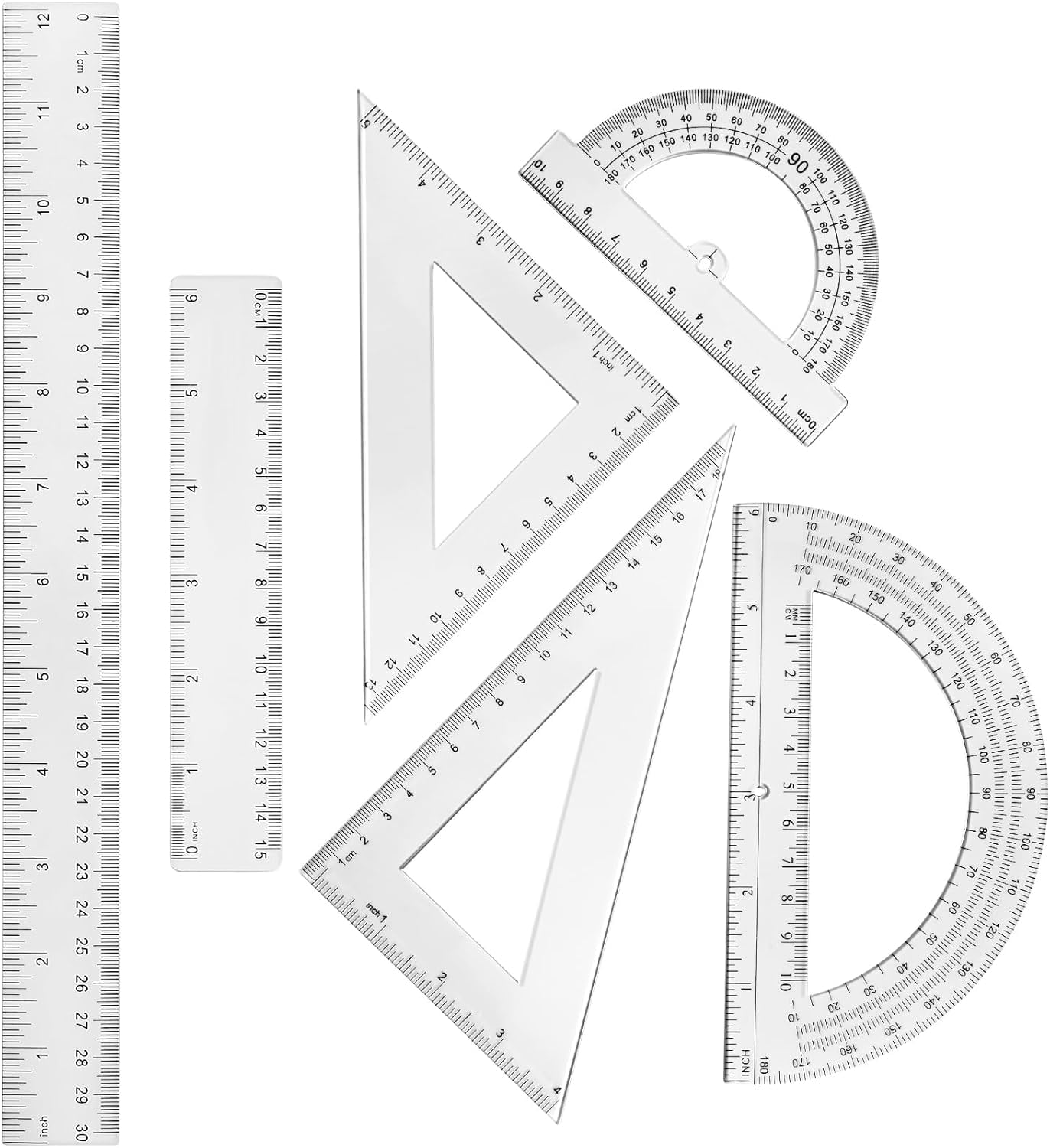 Plastic Ruler Math Set Includes 12 Inch 6 Inch Straight Protractor Triangle Geometry Transparent ...