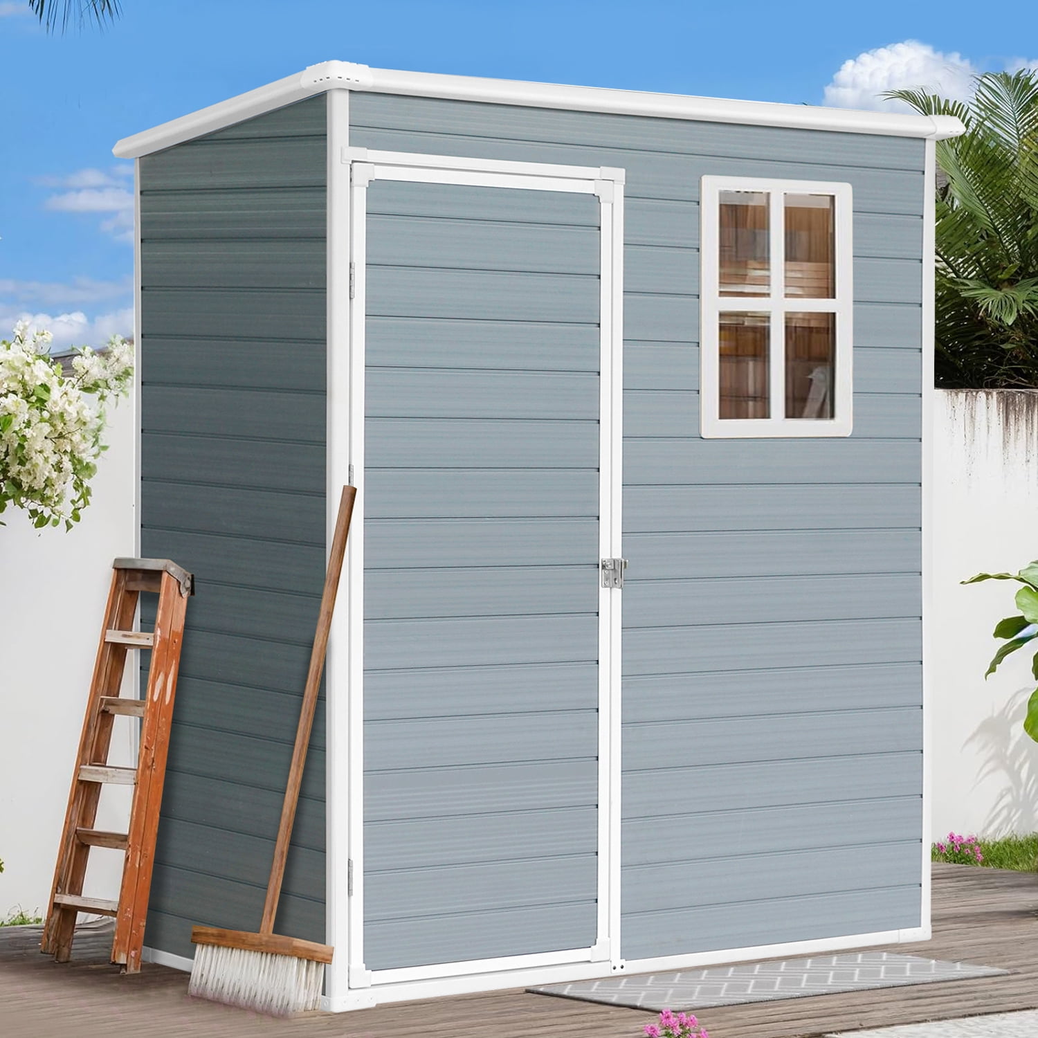 Plastic Shed with Floor, 5 x 3FT Sloped Top Outdoor Storage Shed, Quick ...
