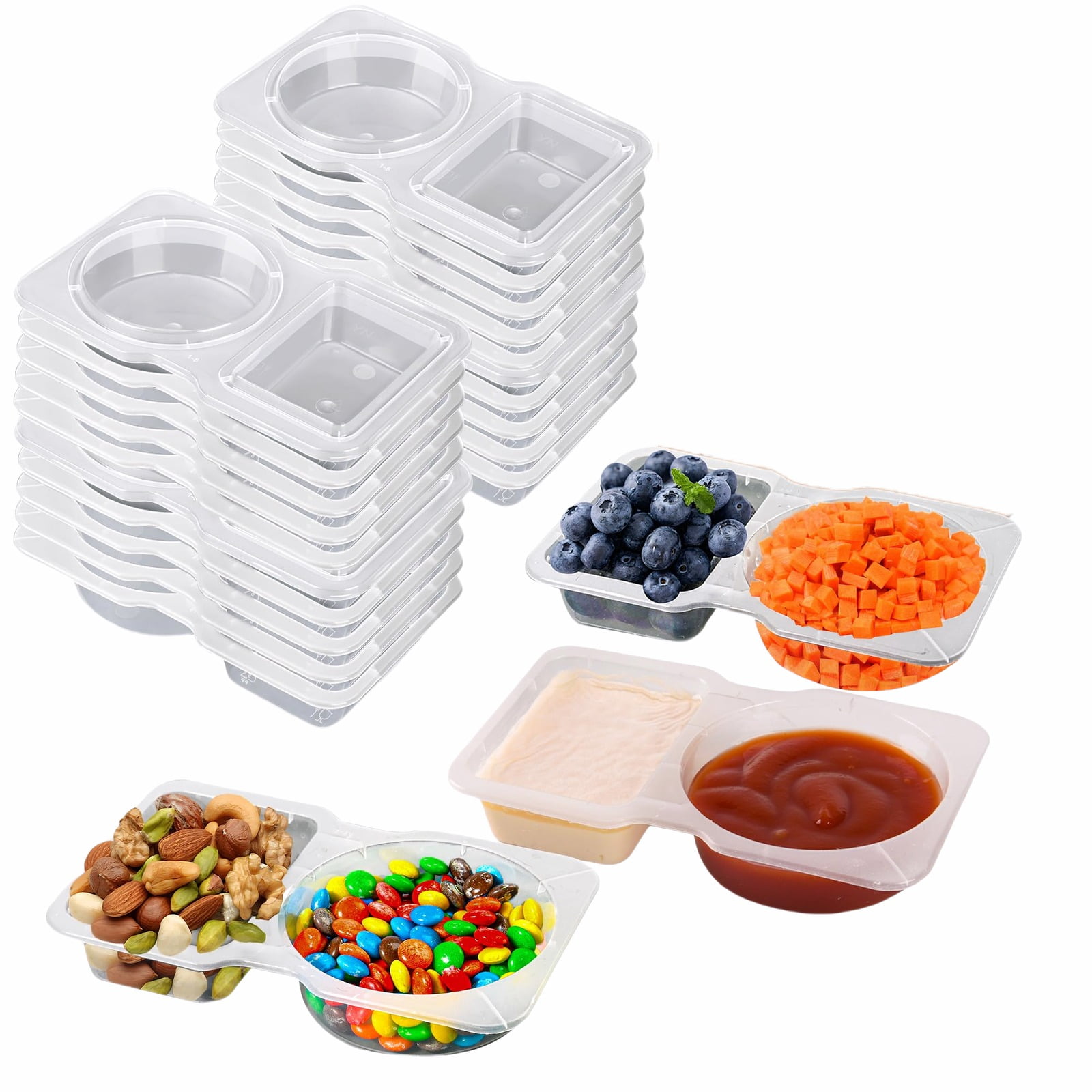 Plastic Snack Containers with Lid, Disposable 2 Compartment Condiment ...