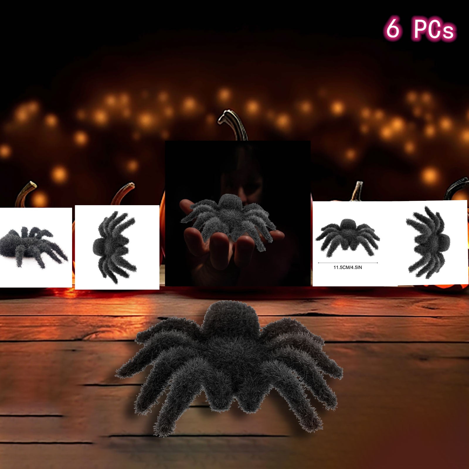 Plastic Spiders Halloween Decorations 6 PCS Black Realistic Hairy 4.5 ...