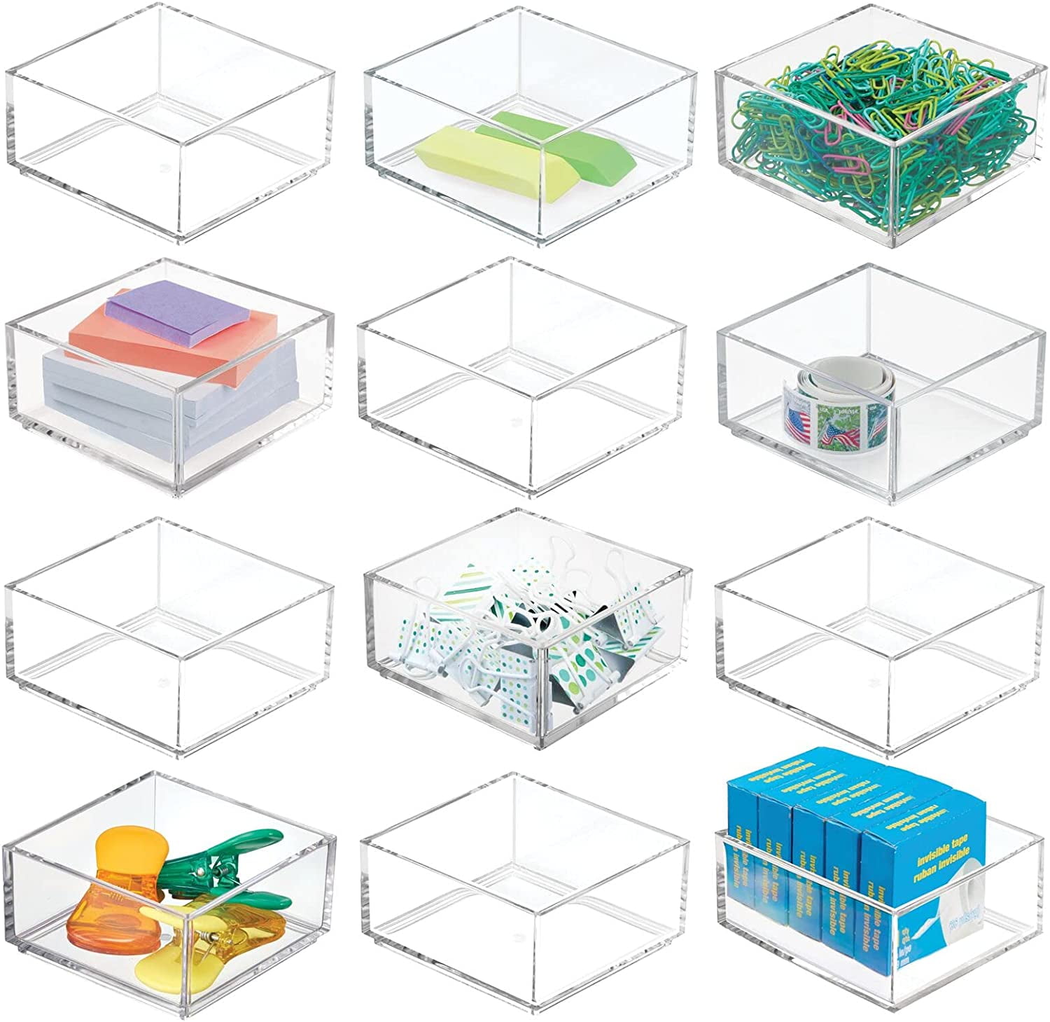 12 Pack Clear Plastic Square Desk Organizers, Drawer Storage Trays for ...