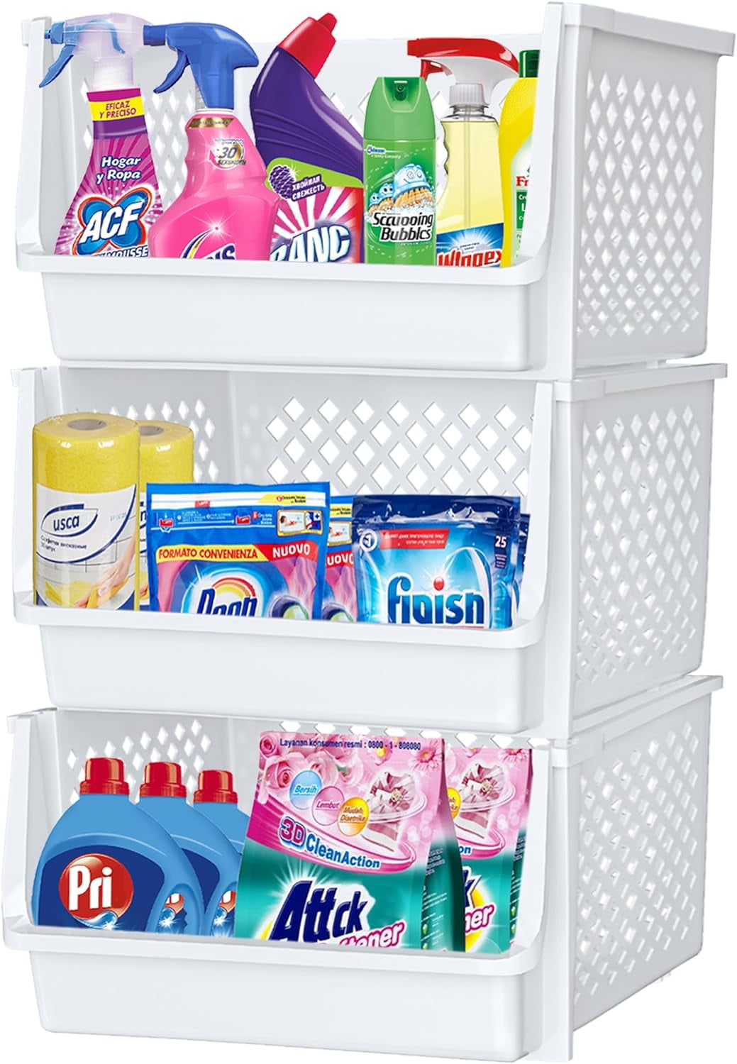 Plastic Stackable Bins for Pantry, 3 Pack Large Stacking Bins Open ...