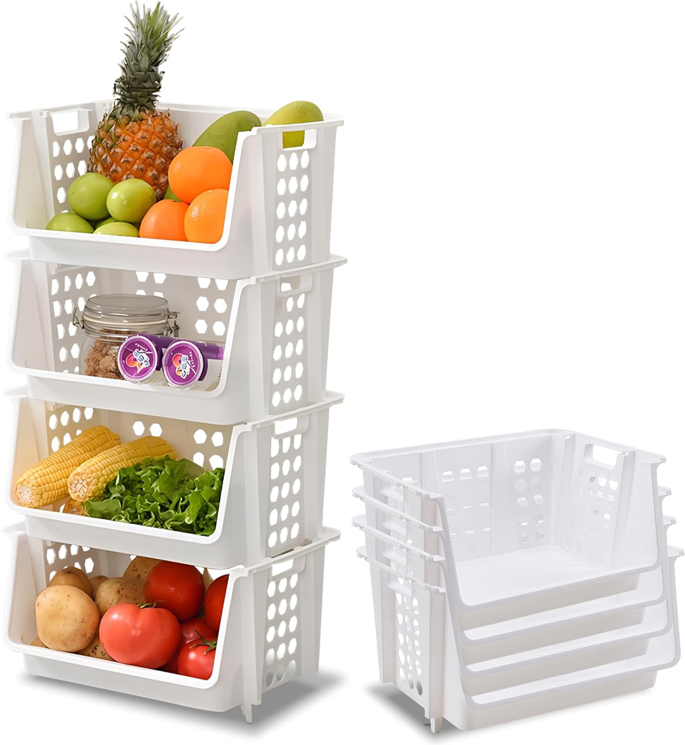 Plastic Stackable Bins for Pantry, 4-Pack Large Stacking Bins Open ...