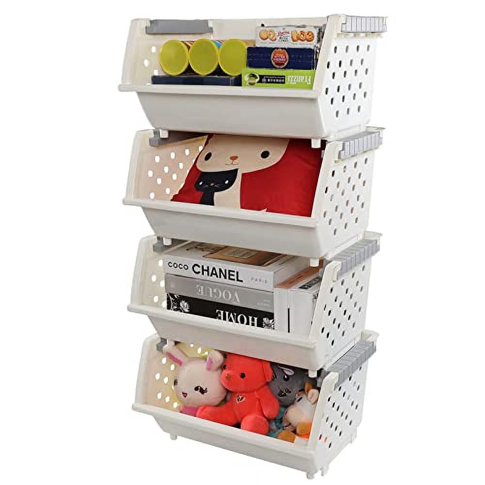 Plastic Stackable Storage Basket, Open Front Stacking Storage Bins, 4 ...