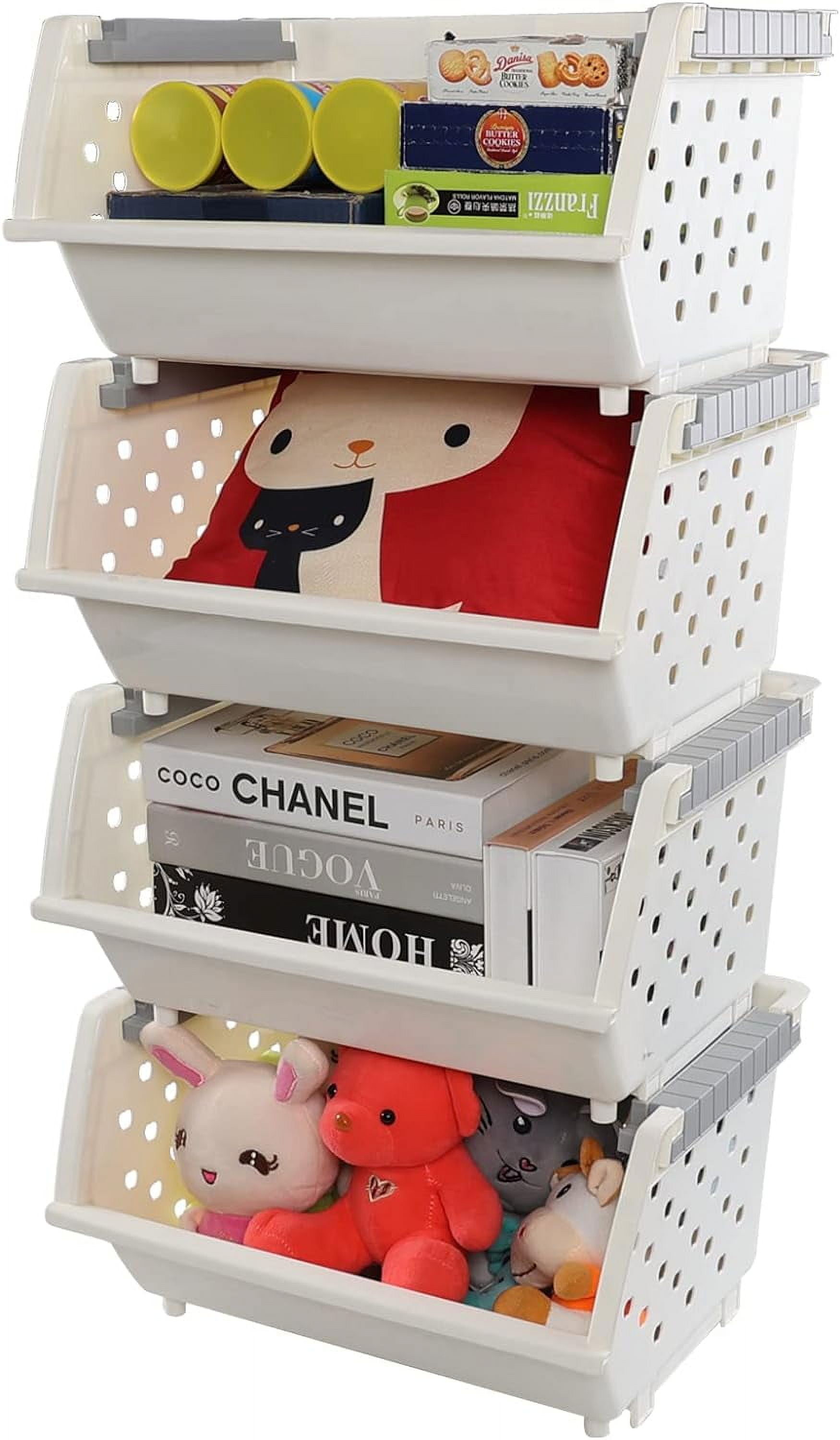 Plastic Stackable Storage Basket, Open Front Stacking Storage Bins, 4 ...