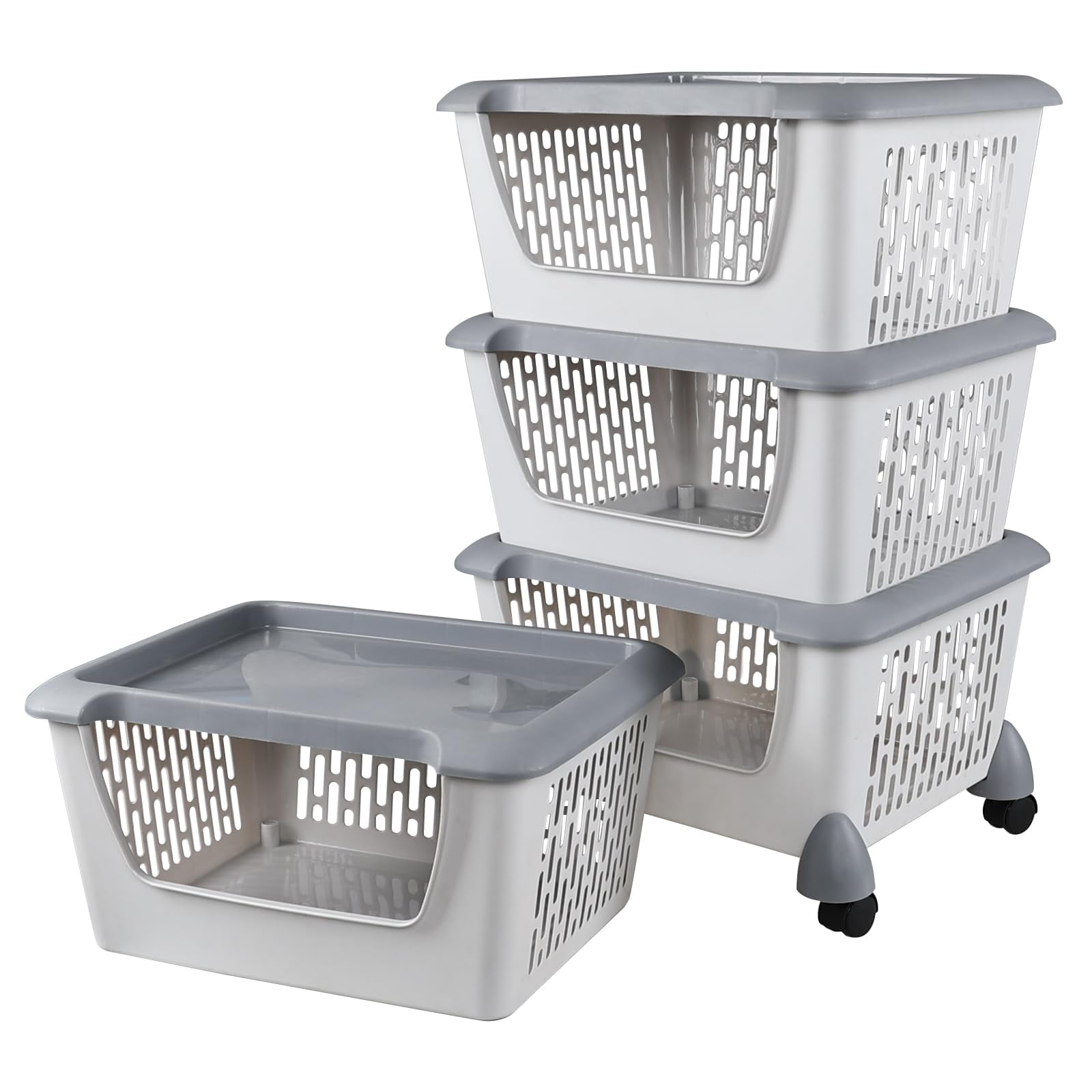 Plastic Stackable Storage Basket with Wheels, 4 Pack, Large Stacking ...