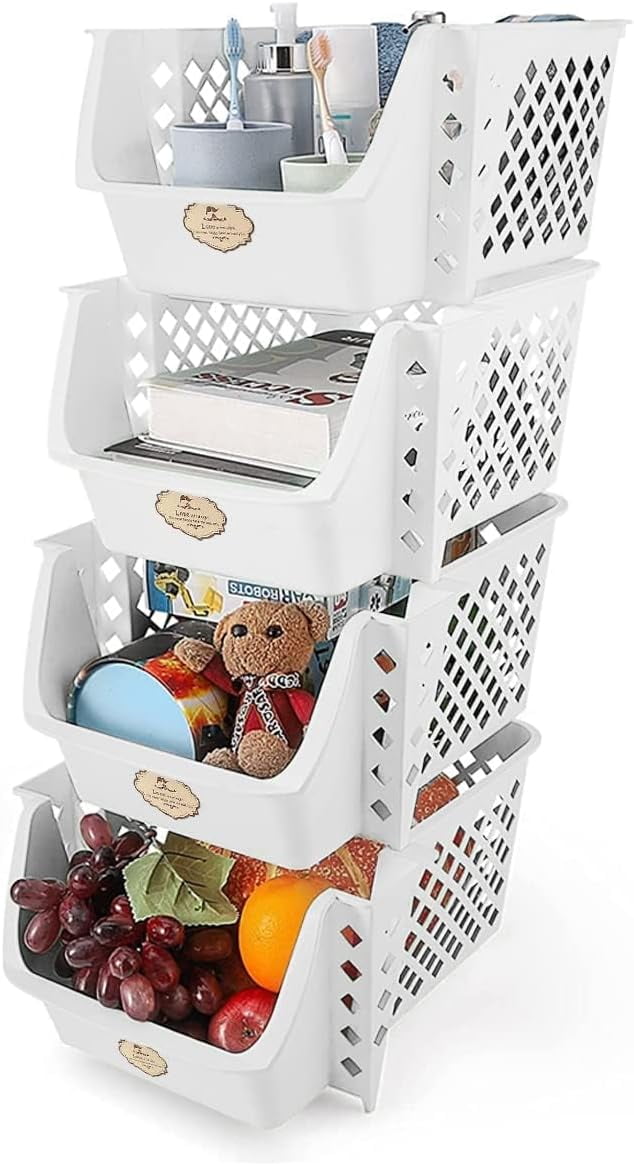 Plastic Stackable Storage Bins 4 Pack White, Stacking Bins Open Front ...