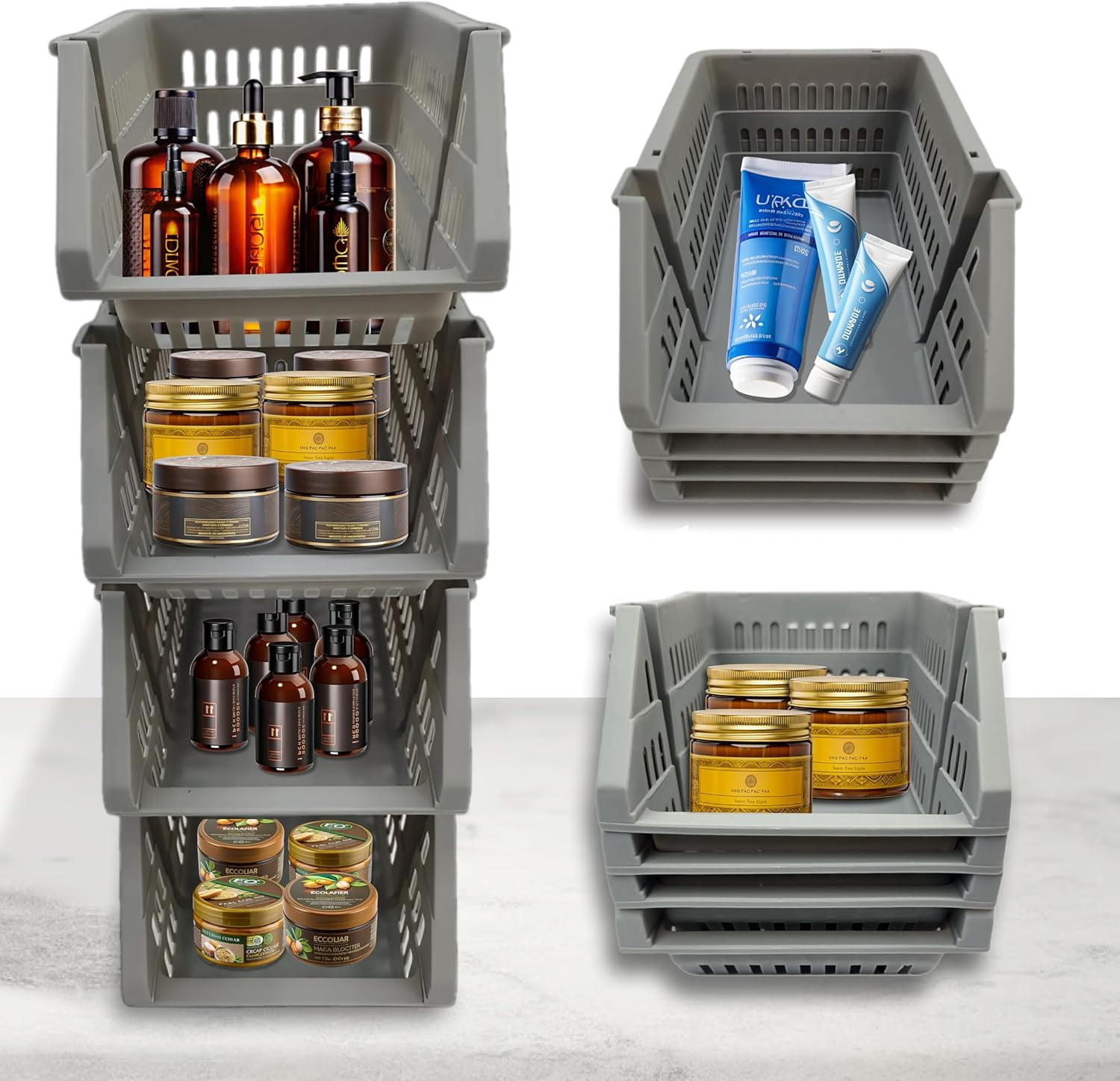 Plastic Stackable Storage Bins for Pantry,4 Pack Open Front Storage ...