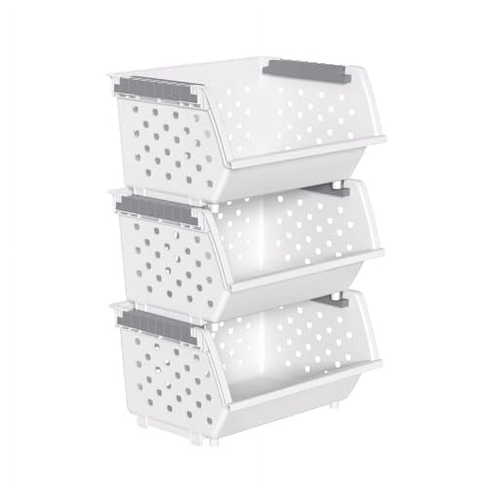 Plastic Stacking Bins, Stackable Storage Basket, White, Set of 3 ...
