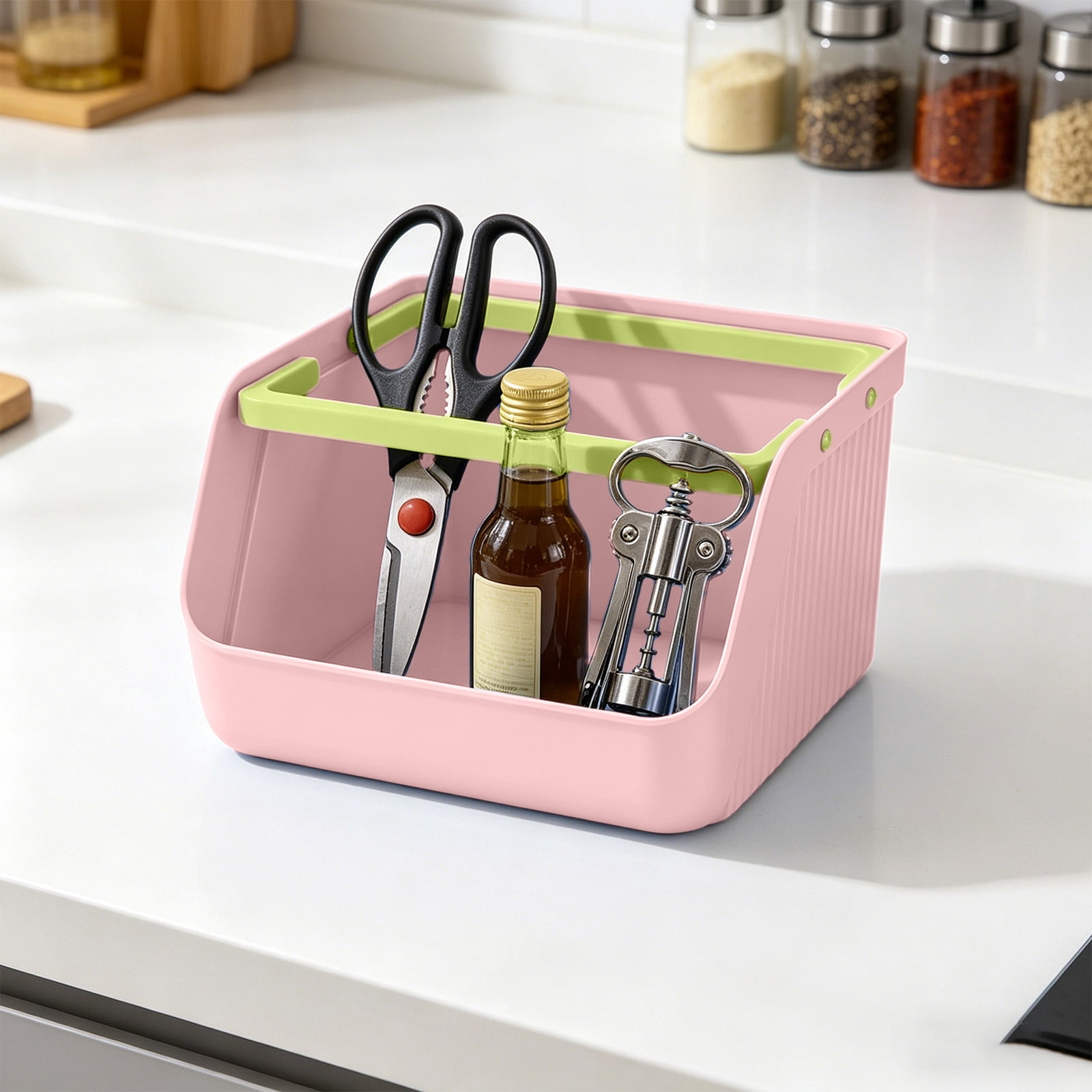 Plastic Storage Basket with Handle, Stackable Organizer Bin for Desk ...