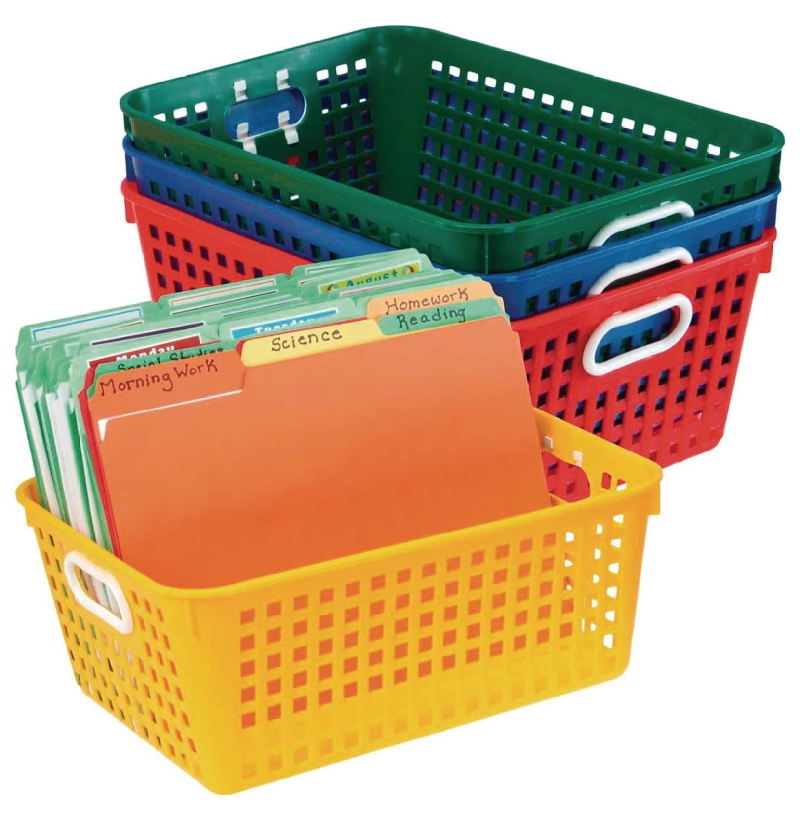 Plastic Storage Baskets - 4 Pack - Assorted Primary Colors, Stackable ...