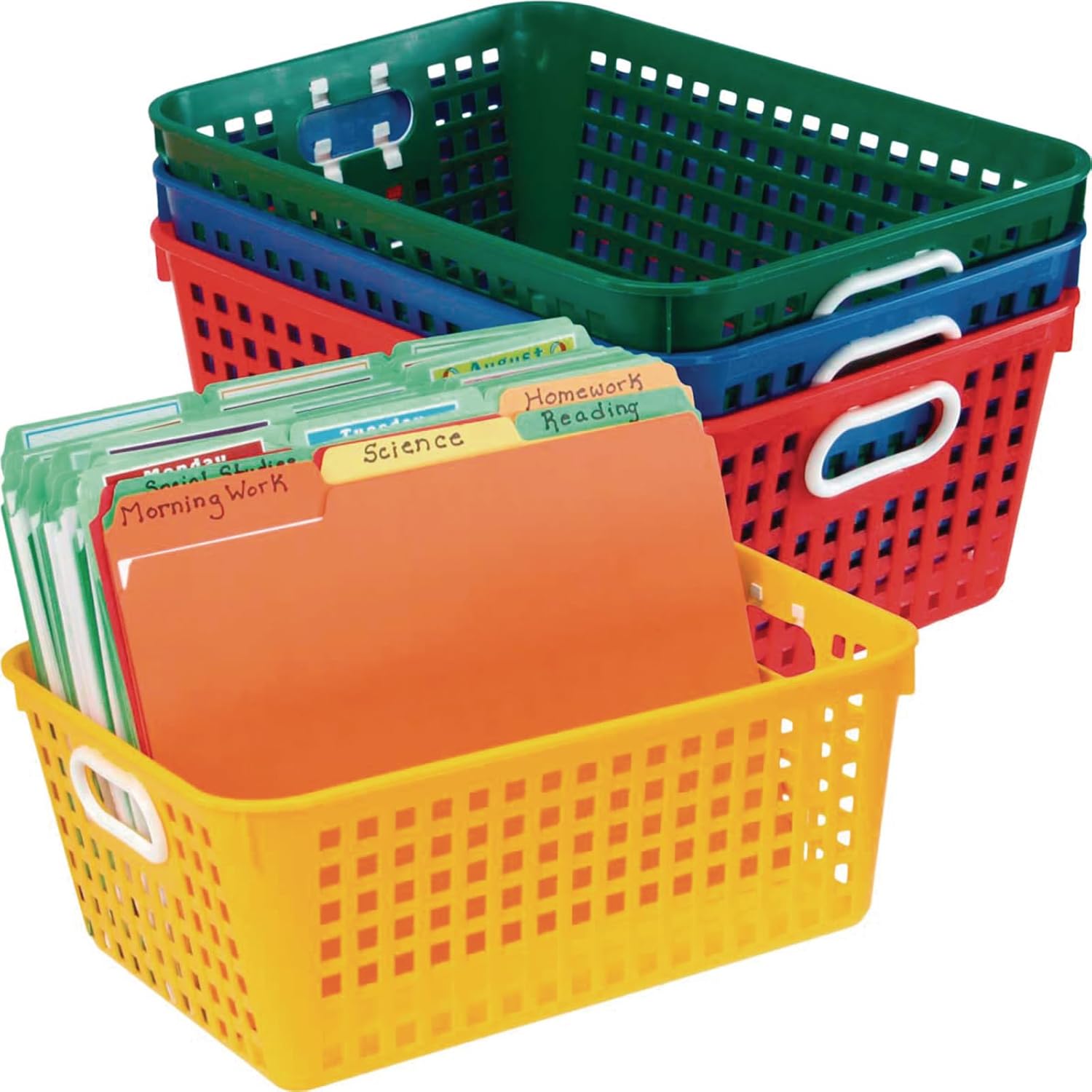 Plastic Storage Baskets - 4 Pack - Assorted Primary Colors, Stackable ...