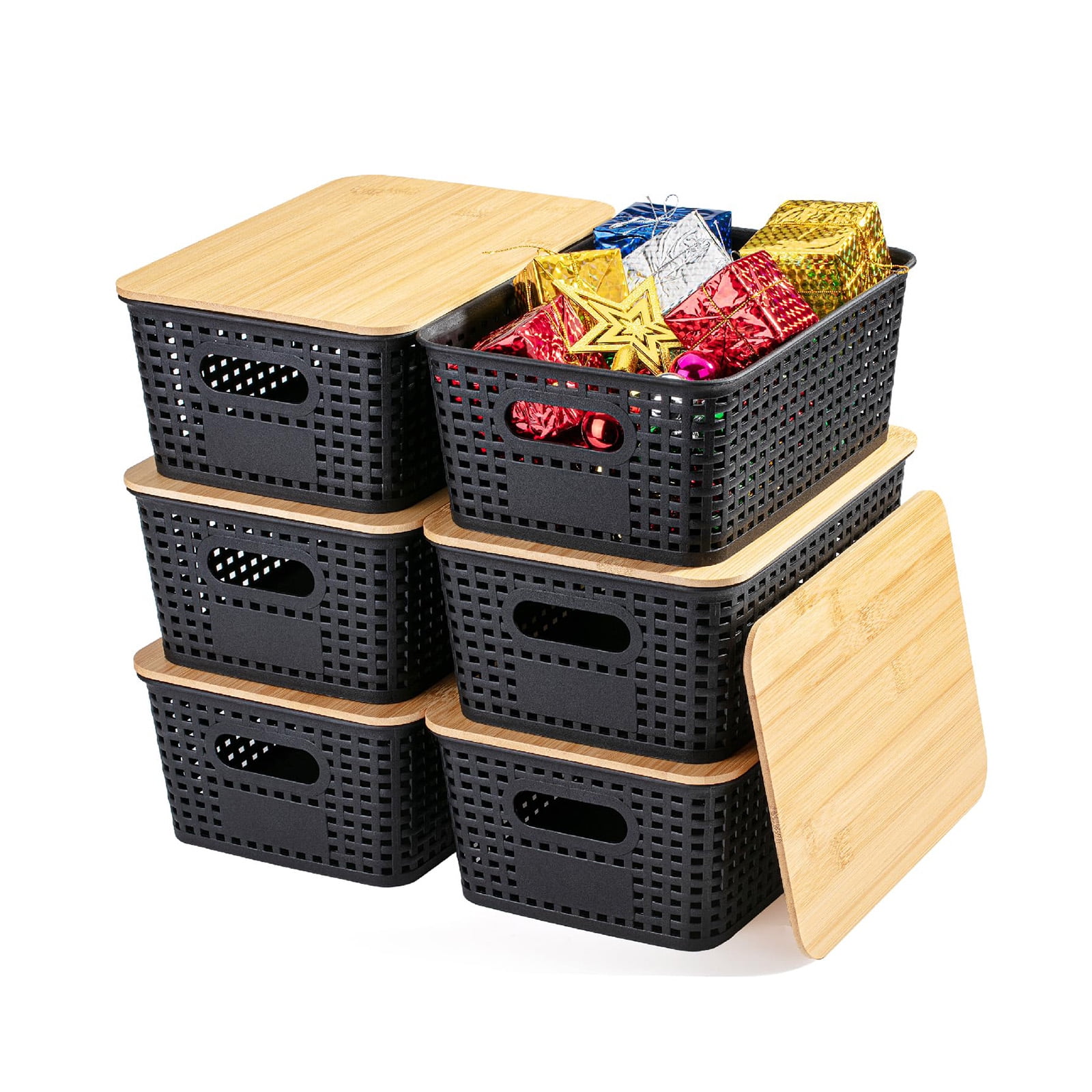 Plastic Storage Baskets with Bamboo Lid - Small Storage Containers ...