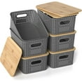 Plastic Storage Baskets with Bamboo Lids, Stackable Small Box Bins for ...