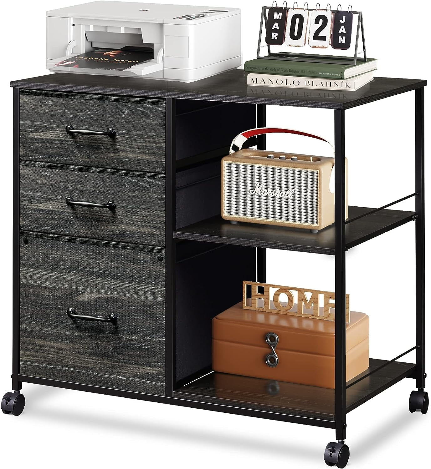 3 Drawer Mobile File Cabinet Rolling Printer Stand with Open Storage Shelf Fabric Lateral Filing Cabinet fits A4 or Letter Size for Home Office