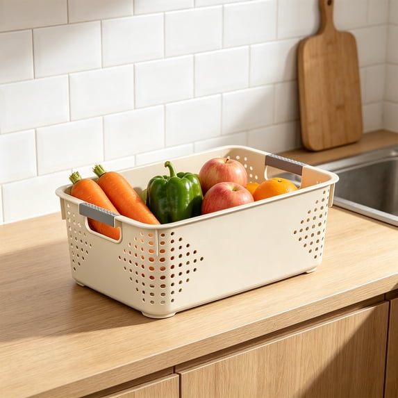 Plastic Storage Bin With Handle, White Stackable Organizer Container ...