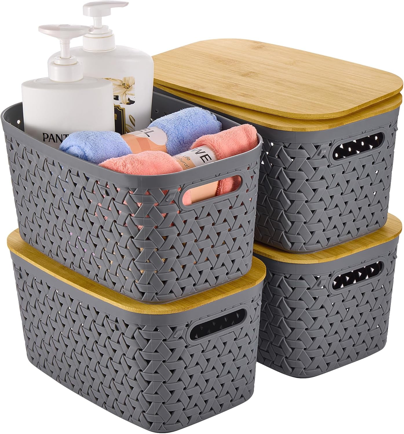 Modern Black Plastic Storage Bins with Bamboo Lids Set of 4 - Stackable ...