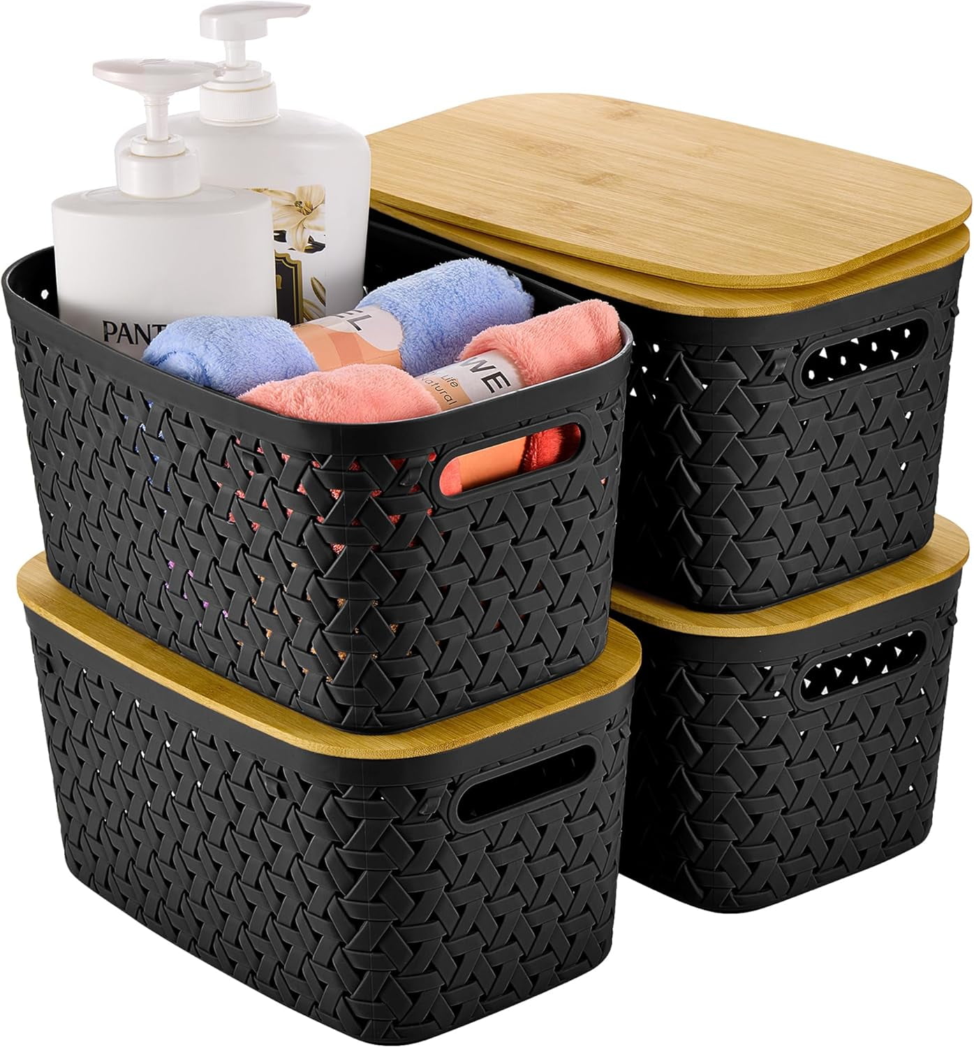 Modern Black Plastic Storage Bins with Bamboo Lids Set of 4 - Stackable ...