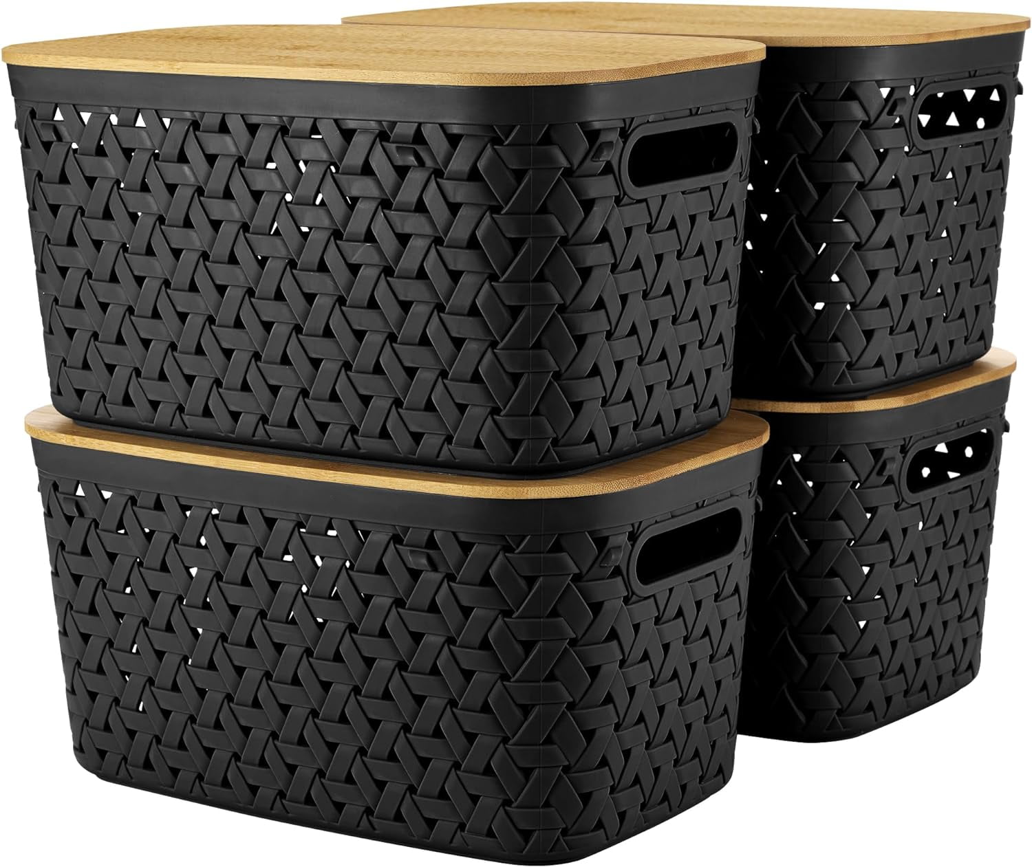 Plastic Storage Bins with Bamboo Lids Set of 4 - Pantry Organization ...