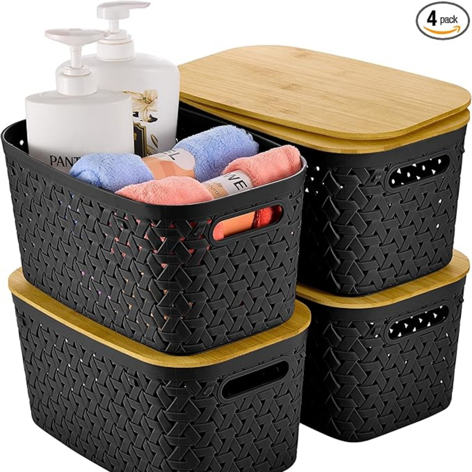 Plastic Storage Bins with Bamboo Lids Set of 4 - Pantry Organization ...