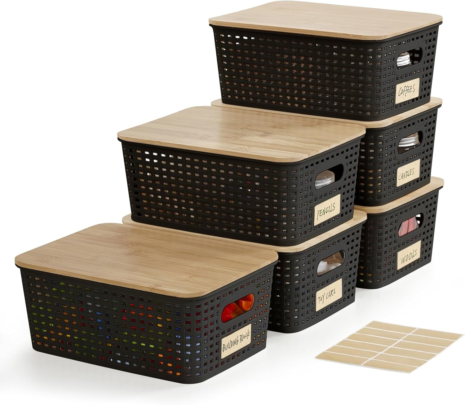 Plastic Storage Bins with Bamboo Lids Stackable Box Basket Pantry ...