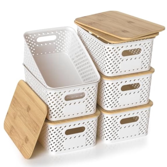 Plastic Storage Bins with Bamboo Lids Stackable Small Box Baskets for ...