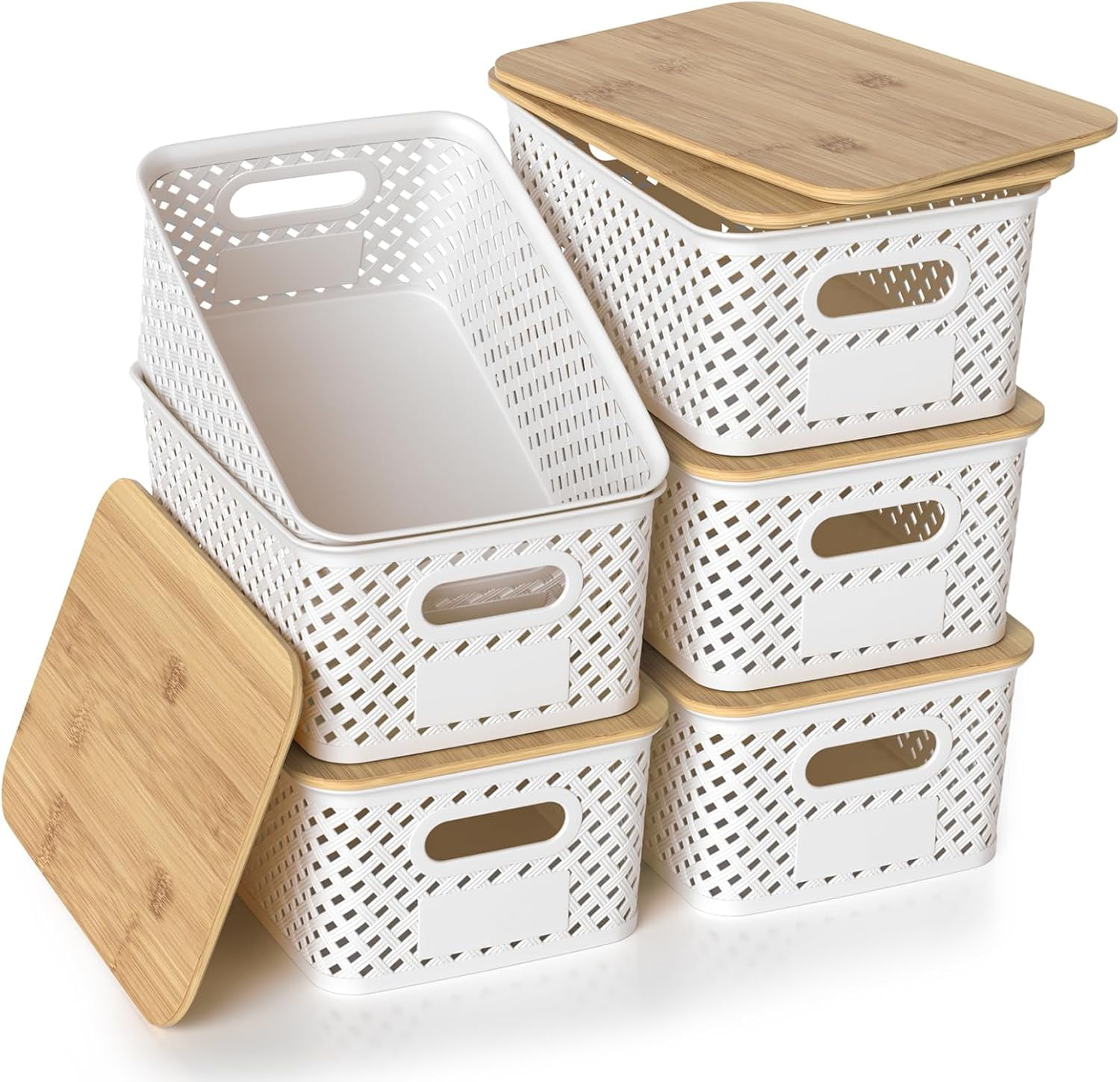 Plastic Storage Bins with Bamboo Lids, Stackable Small Box Baskets for ...