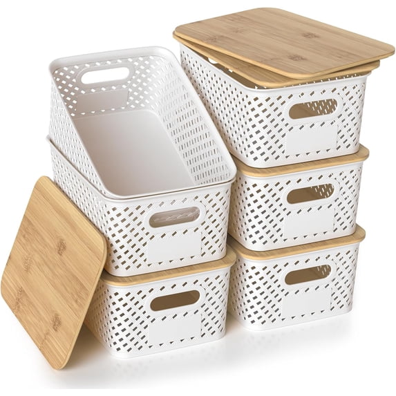 Plastic Storage Bins with Bamboo Lids, Stackable Small Box Baskets for ...
