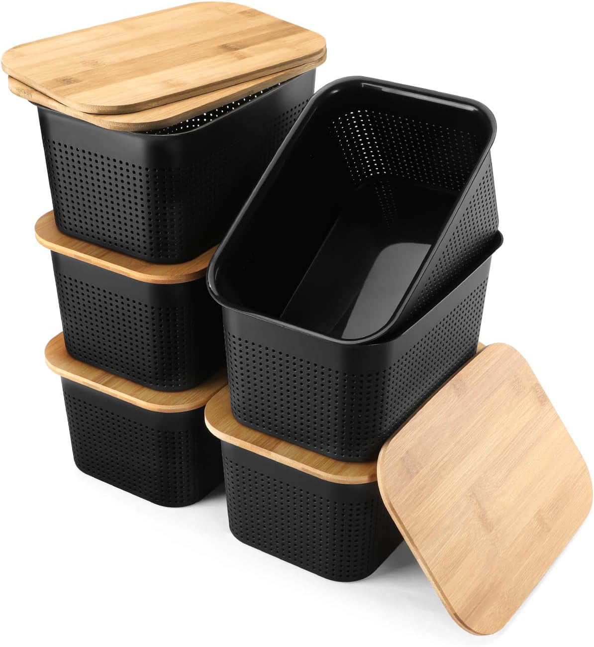 Plastic Storage Bins with Bamboo lids and Stackable Storage Baskets for ...