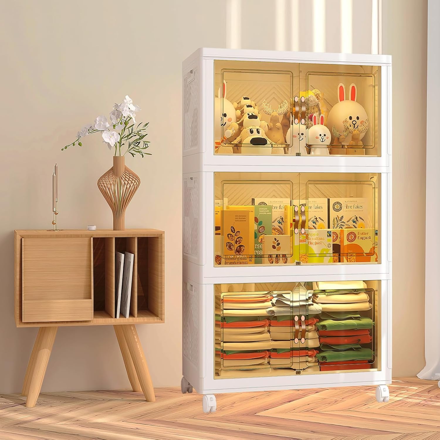 Plastic Storage Bins with Lid, 3-Layer Folding Storage Box with Doors ...
