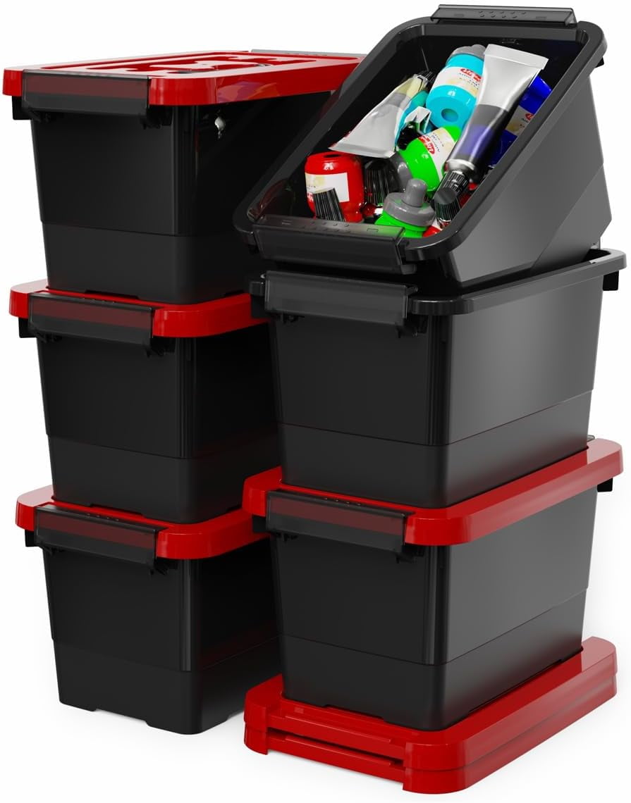 Red Storage Latch Box, 6 Pack Storage Organizer Bins with Latching ...