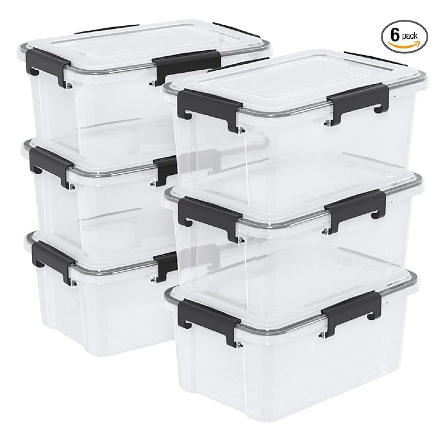 Plastic Storage Boxes 6-Pack, 12 Qt Clear Tote with Lids & Gasket Seal ...