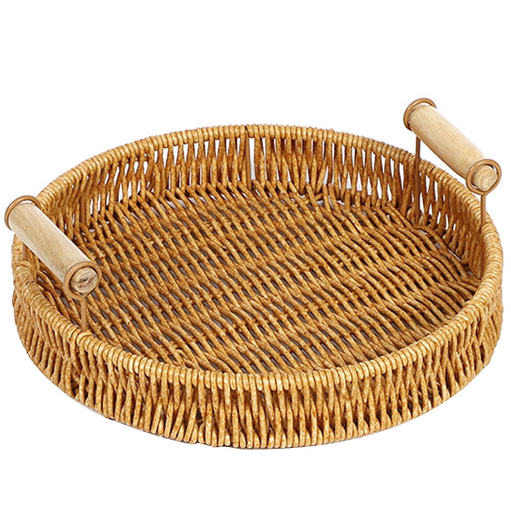 Plastic Storage Tray, Round Basket with Handle, Hand-Woven, Rattan Tray ...